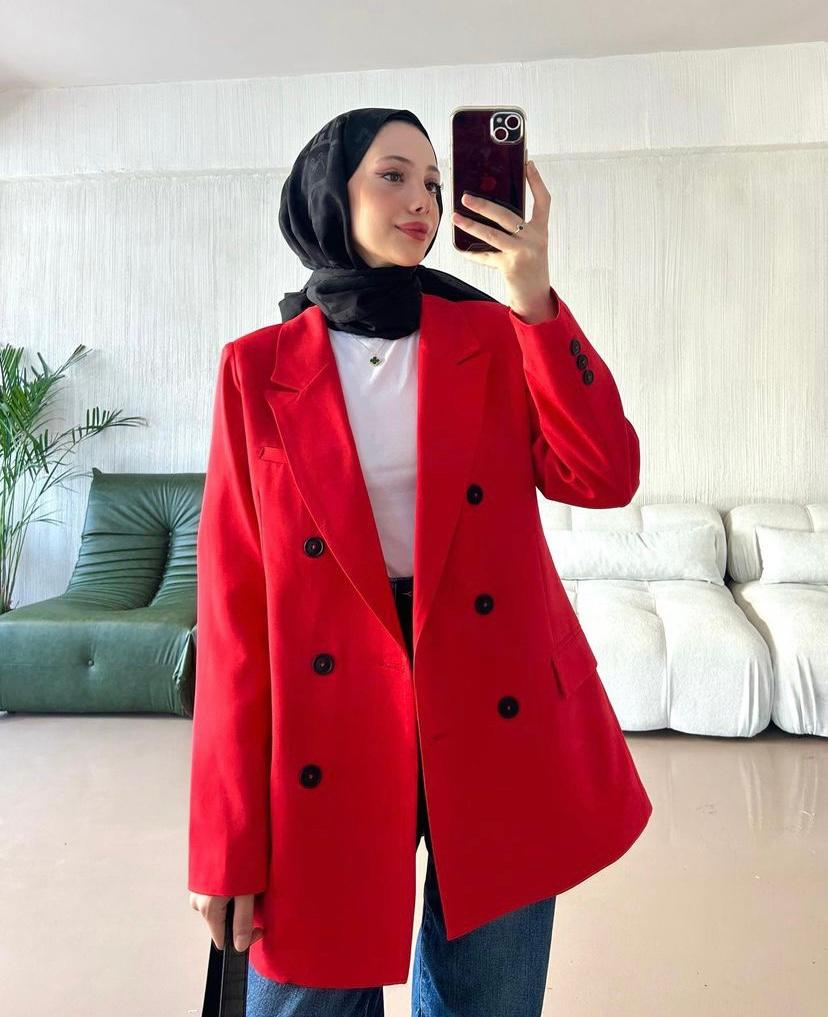 جاكيت نسائية بأزرار مزدوجة باللون الأحمر – 239H0012 – baahy.com